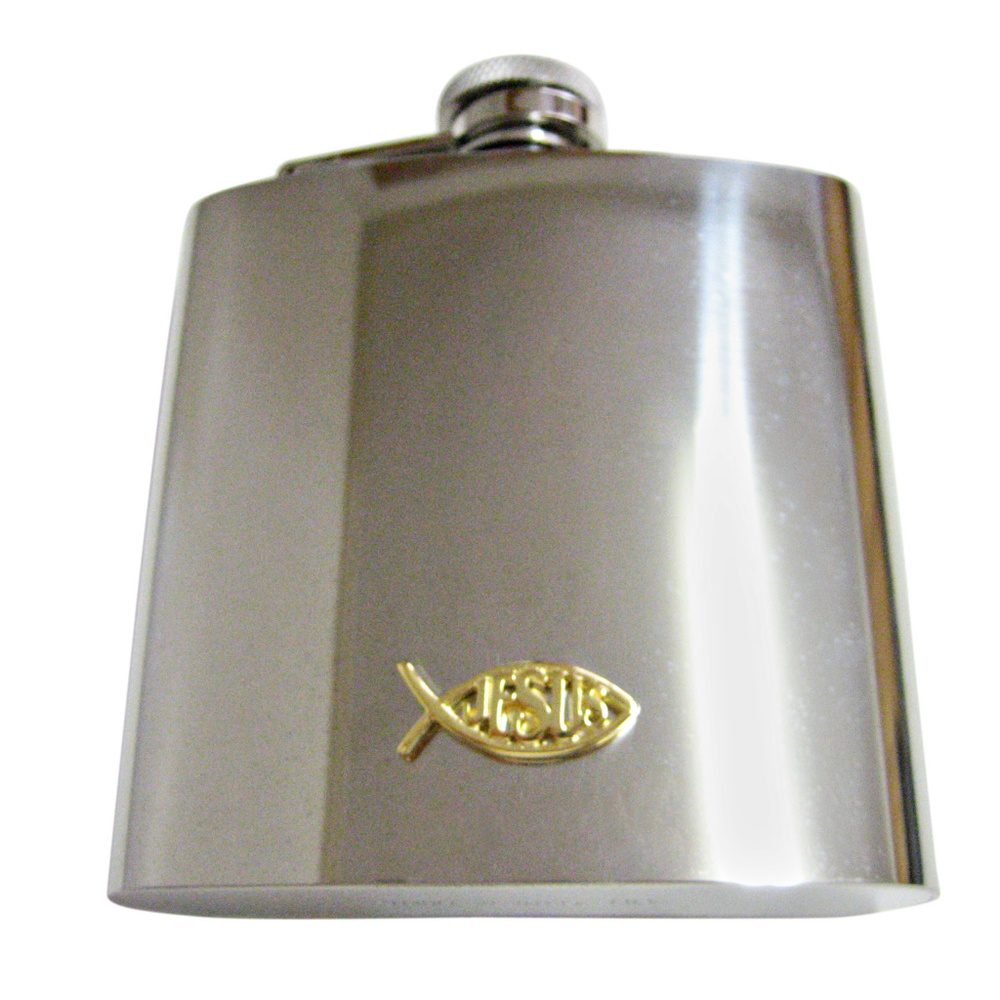 Gold Toned Religious Jesus Large Flask - Gem